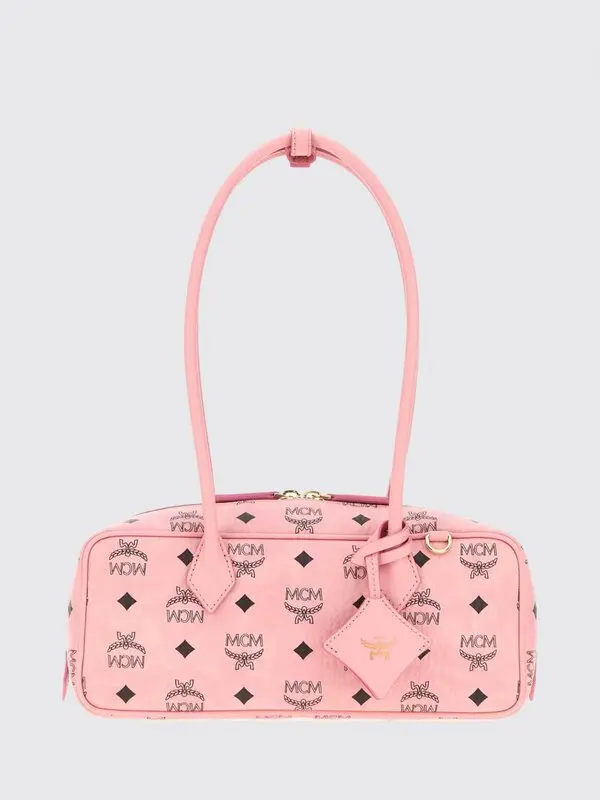 Mcm Aren Shoulder Bag In Visetos Logo Coated Cotton - Pink