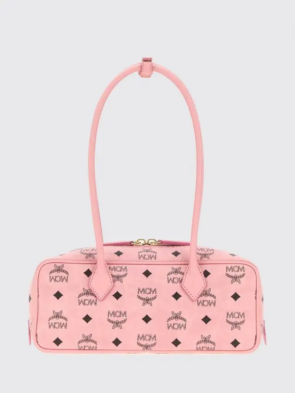 Mcm Aren Shoulder Bag In Visetos Logo Coated Cotton - Pink