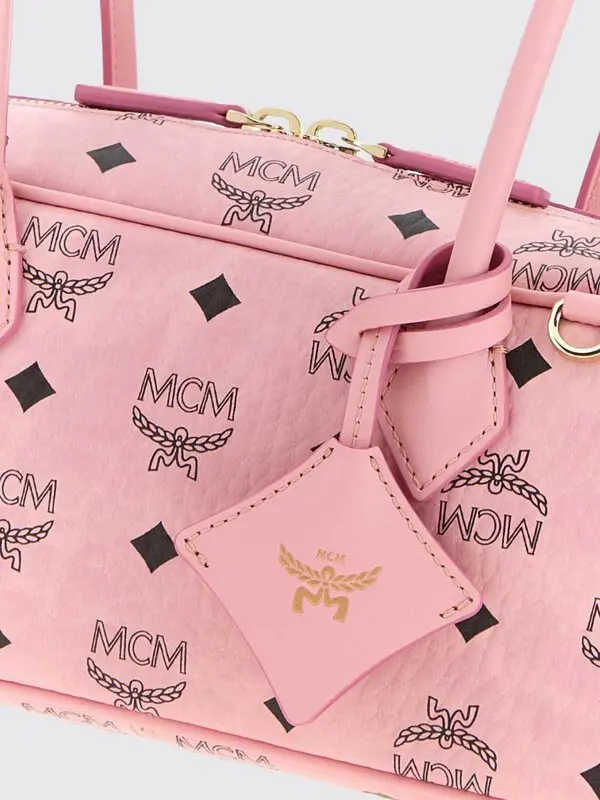 Mcm Aren Shoulder Bag In Visetos Logo Coated Cotton - Pink