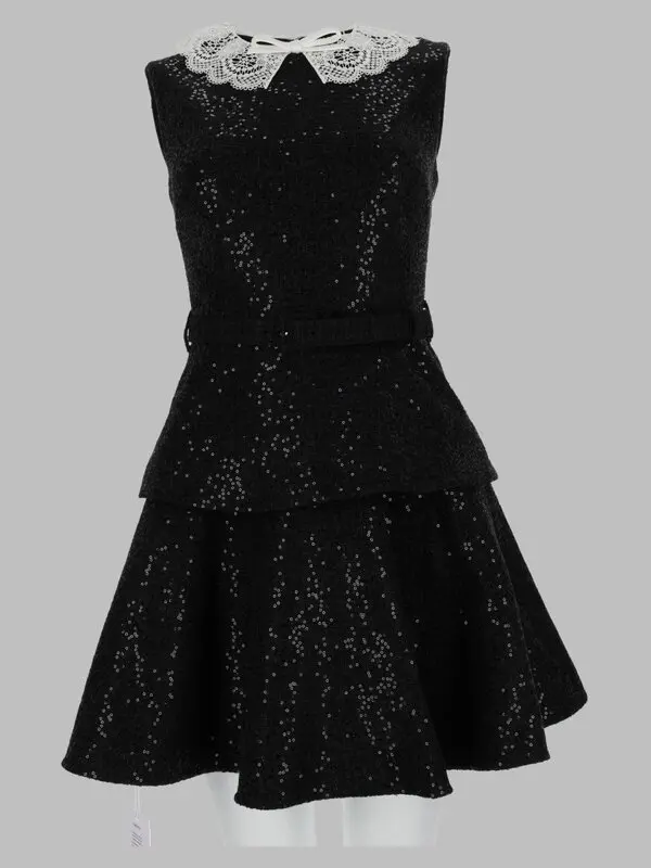SELF-PORTRAIT Lace Collar Sequin Fit-and-flare Mini Dress - Black