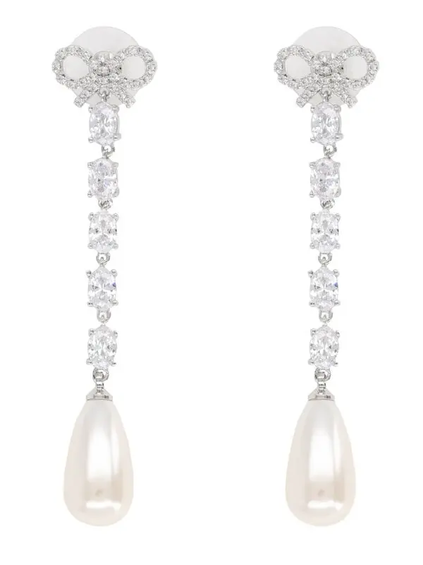 SELF-PORTRAIT Crystal Bow Drop Earrings With Faux Pearl Pendant - Silver