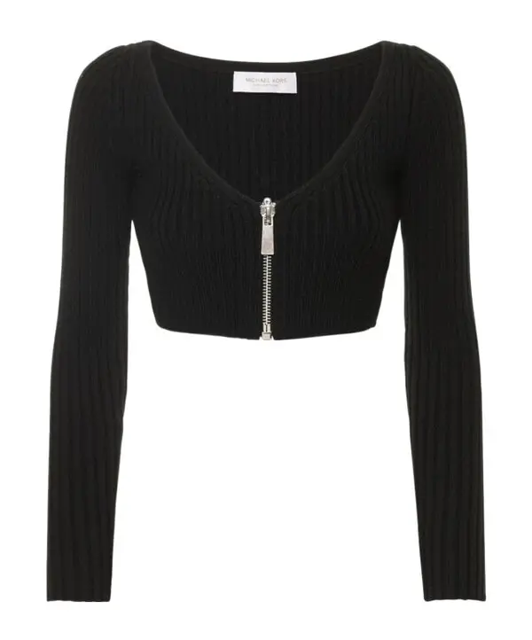 Michael Kors Wool Ribbed Knit Cropped Top With Zip