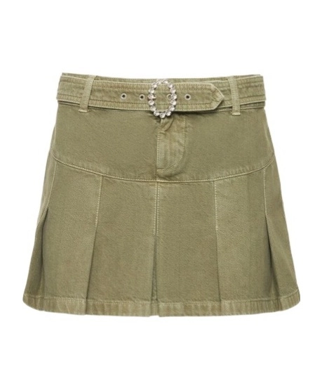Alessandra Rich Pleated Denim Mini Skirt W/ Buckle