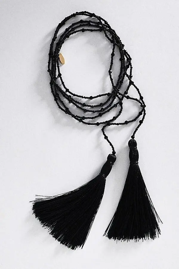 Anthropologie Wrap Tassel Beaded Lariat Necklace - Black