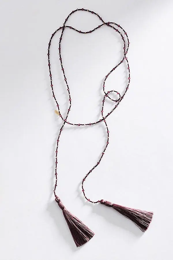 Anthropologie Wrap Tassel Beaded Lariat Necklace - Mauve
