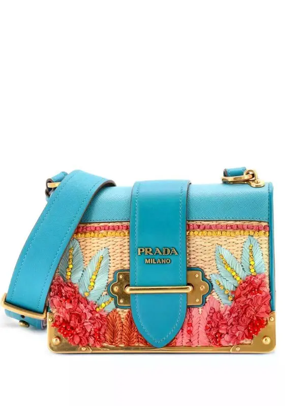 Prada Embroidered Straw And Leather Small Cahier Crossbody Bag - Blue