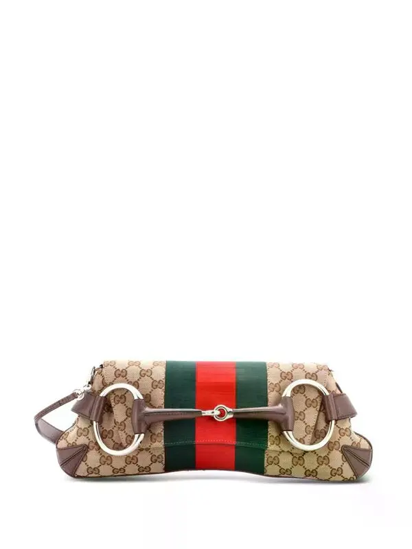 Gucci Horsebit Web Chain Clutch Gg Canvas Medium Shoulder Bag - Brown