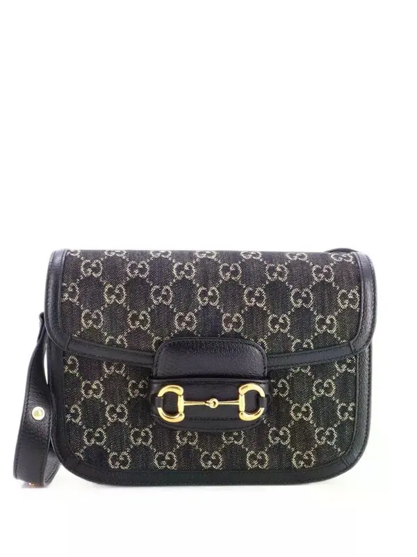 Gucci Horsebit 1955 Gg Denim Small Shoulder Bag - Black