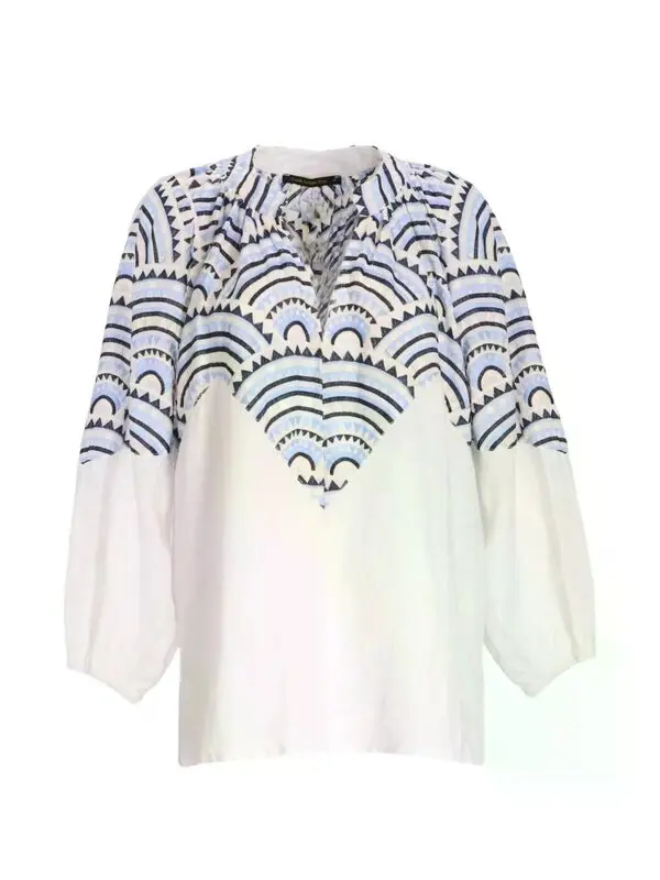 Greek Archaic Kori Geometric Print V-neck Blouse - White