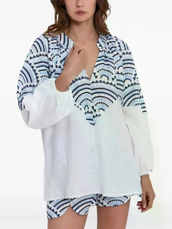 Greek Archaic Kori Geometric Print V-neck Blouse