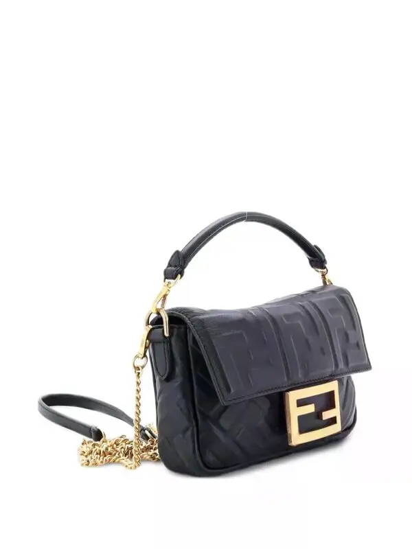 Fendi Baguette Nm Bag Zucca Embossed Leather Mini Cross Body Bag - Black