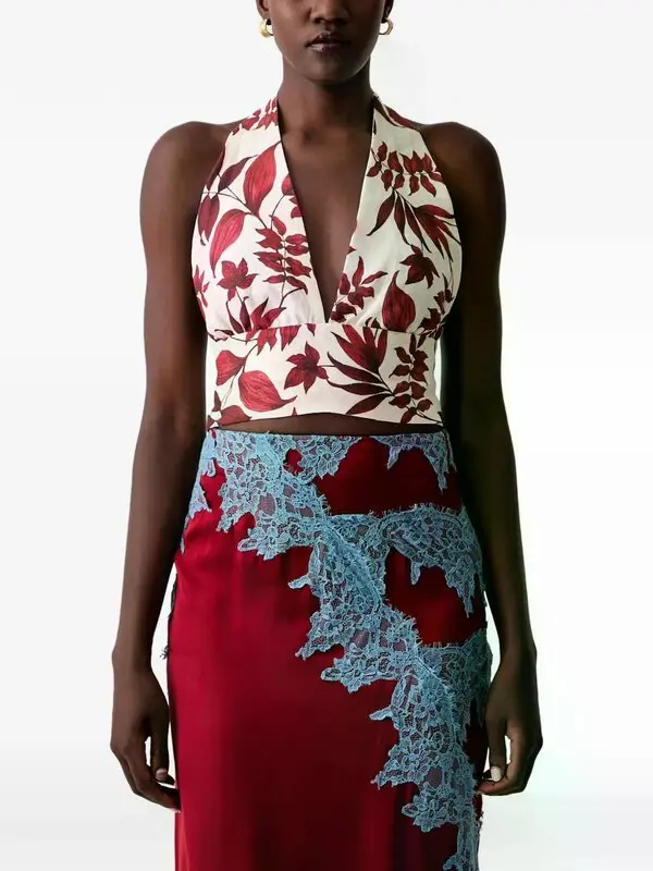 VICOLO Leaf-print Halterneck Crop Top