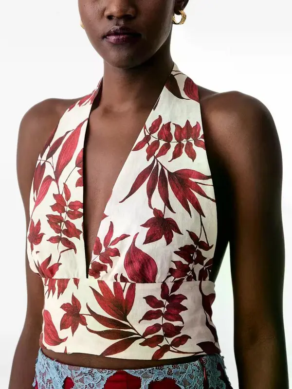VICOLO Leaf-print Halterneck Crop Top