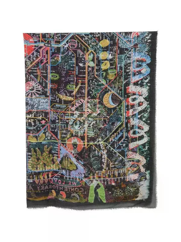 Faliero Sarti Graphic-print Frayed Scarf - Black
