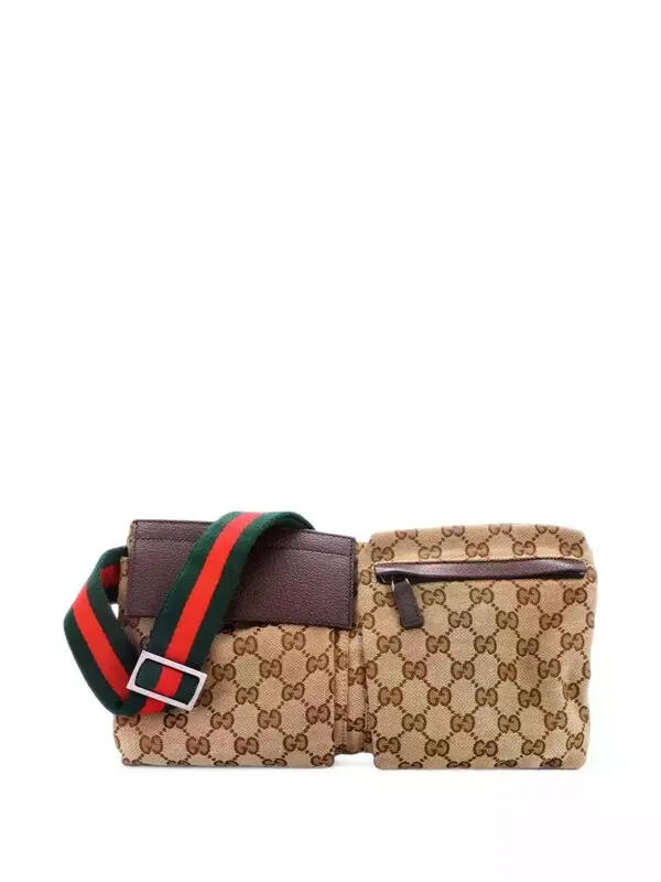 Gucci Vintage Double Gg Canvas With Leather Belt Bag - Brown