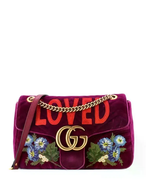 Gucci Gg Marmont Flap Bag Embroidered Matelasse Velvet Medium Shoulder Bag - Purple
