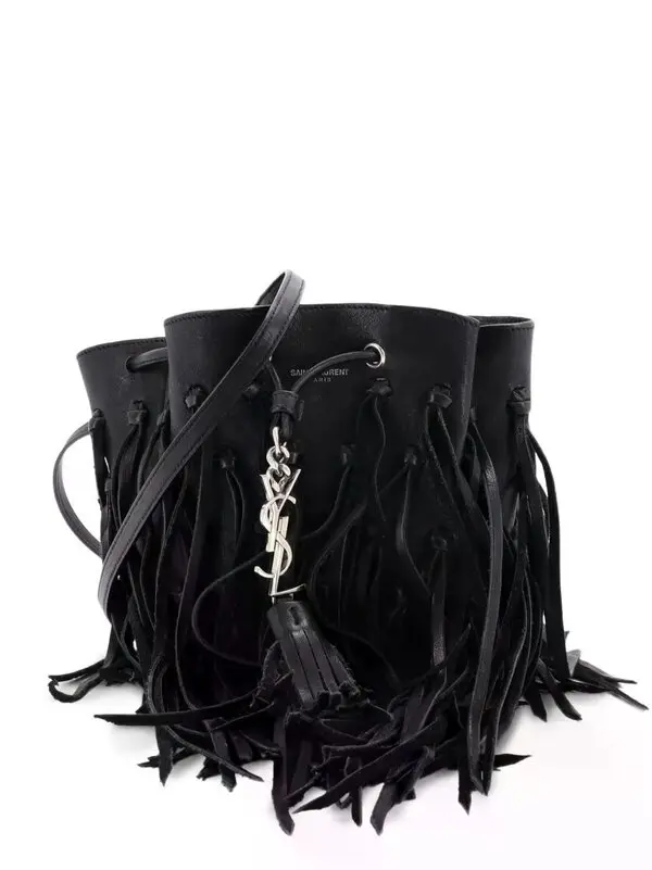 Saint Laurent Fringe Monogram Bourse Leather Mini Bucket Bag - Black