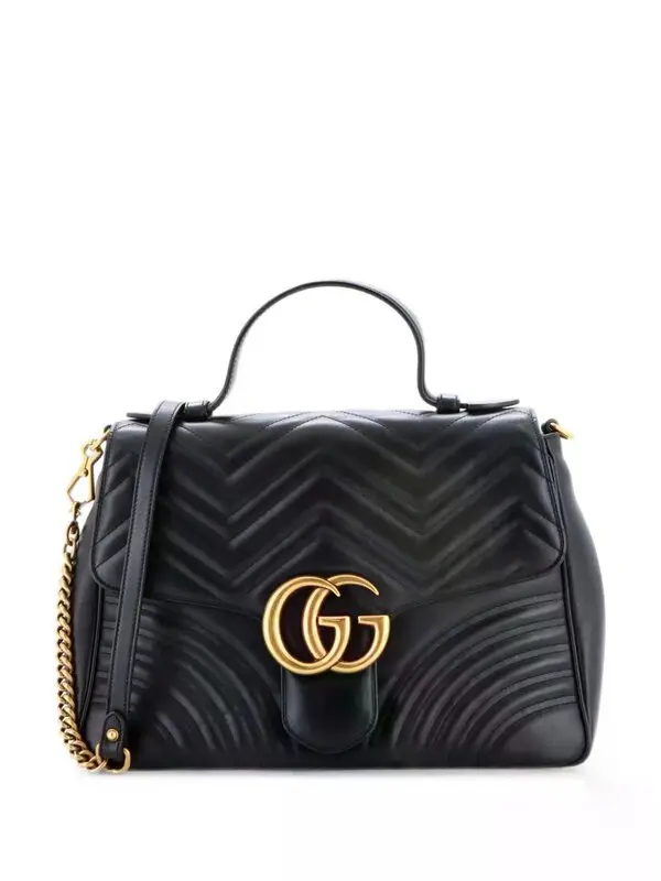 Gucci Gg Marmont Top Handle Flap Bag Matelassé Leather Satchel - Black