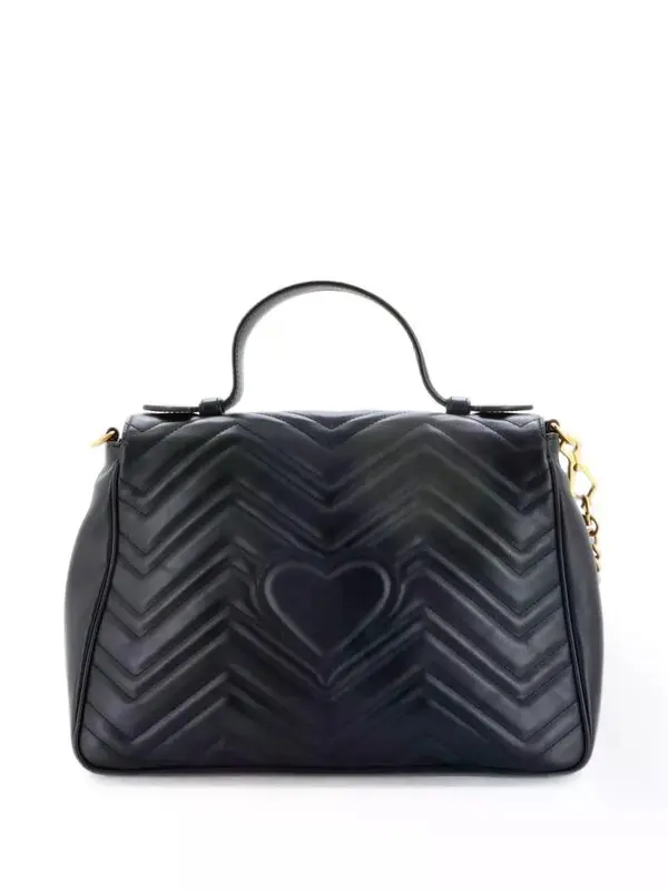 Gucci Gg Marmont Top Handle Flap Bag Matelasse Leather Medium Satchel - Black