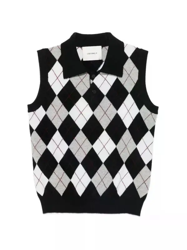 LISA YANG Anwen Argyle-knit Polo Top - Black
