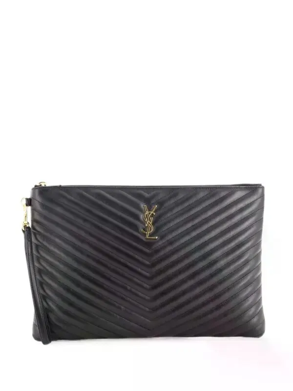 Saint Laurent Classic Monogram Wristlet Pouch Matelasse Chevron Leather Large Clutch Bag - Black