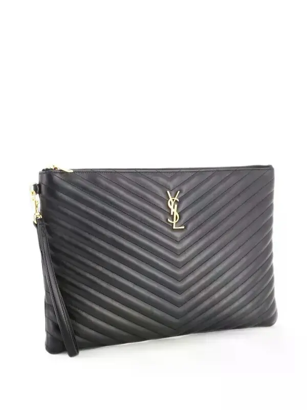 Saint Laurent Classic Monogram Wristlet Pouch Matelasse Chevron Leather Large Clutch Bag - Black