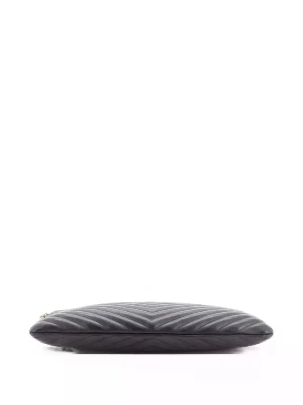 Saint Laurent Classic Monogram Wristlet Pouch Matelasse Chevron Leather Large Clutch Bag - Black
