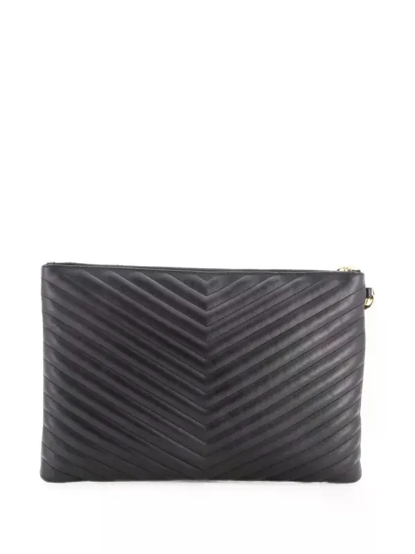 Saint Laurent Classic Monogram Wristlet Pouch Matelasse Chevron Leather Large Clutch Bag - Black