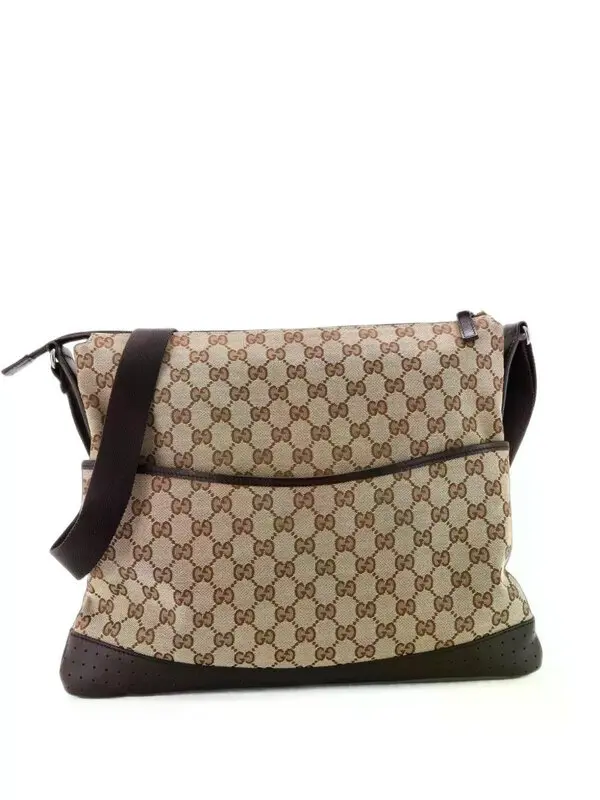 Gucci Zip Messenger Bag Gg Canvas With Perforated Leather Large Crossbody Bag