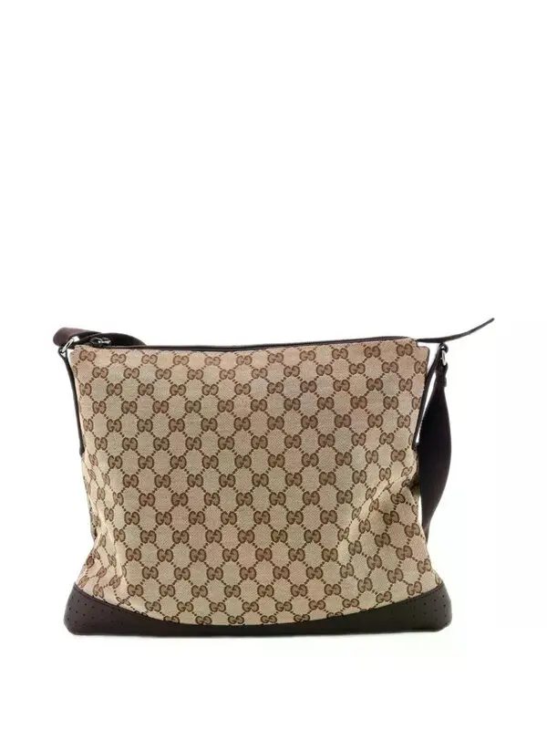 Gucci Zip Messenger Bag Gg Canvas With Perforated Leather Large Crossbody Bag