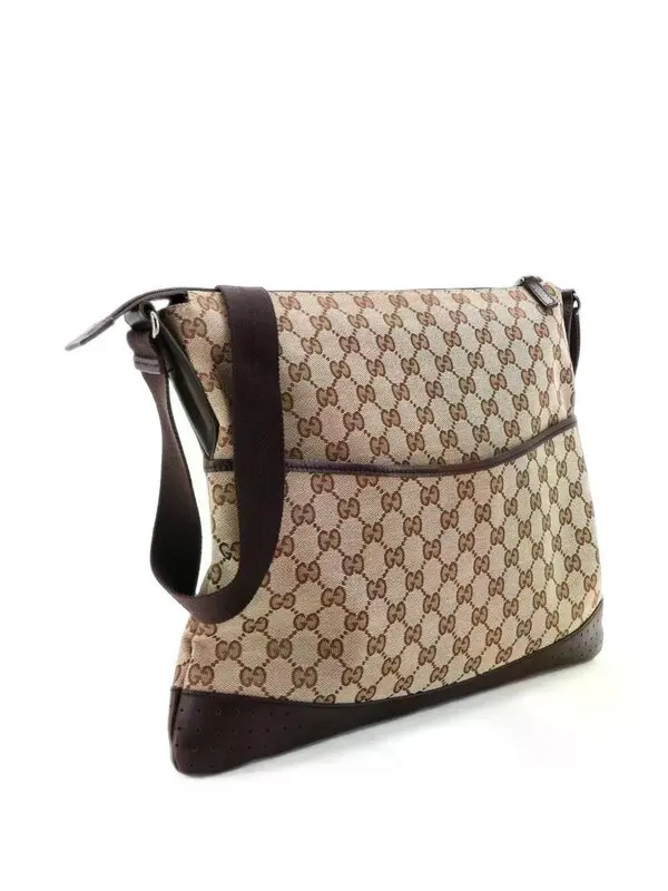 Gucci Zip Messenger Bag Gg Canvas With Perforated Leather Large Crossbody Bag