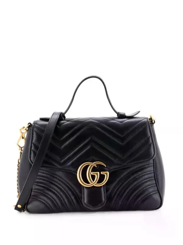 Gucci Gg Marmont Top Handle Flap Bag Matelasse Leather Small Satchel - Black