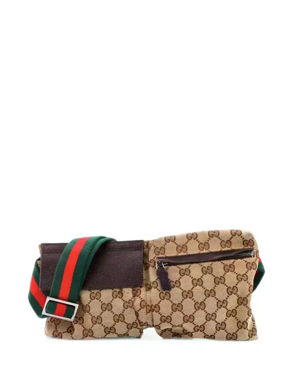Gucci Vintage Double Gg Canvas With Leather Belt Bag - Brown