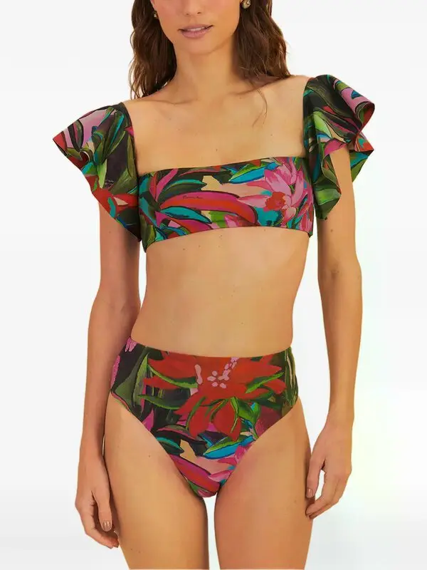 Farm Rio Jardin De Reve Ruffle Detailed Floral Print Bikini Top - Green