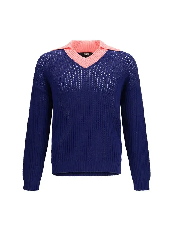 Fendi Ribbed V-neck Sweater With Ff Motif