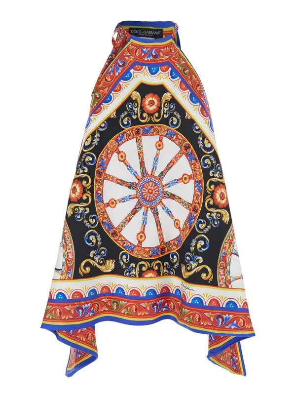 Dolce & Gabbana Sleeveless Top With Halterneck And All-over Carretto Motif In Silk For - Multicolor