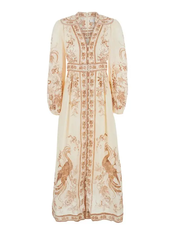 Zimmermann Indra' Long Dress With V-neck And All-over Motif In Linen For - Multicolor