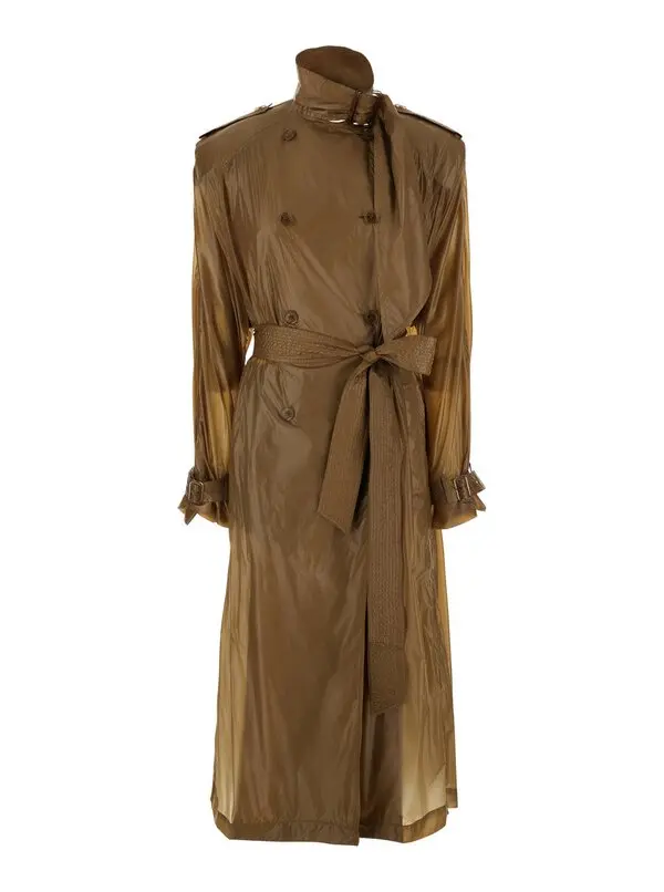 Saint Laurent Beige Double-breasted Trench Coat With Lavallière Collar And Front Belt In Tech Fabric For - Multicolor