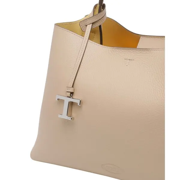 TOD'S Medium Leather Handbag With T Timeless Charm - Cream