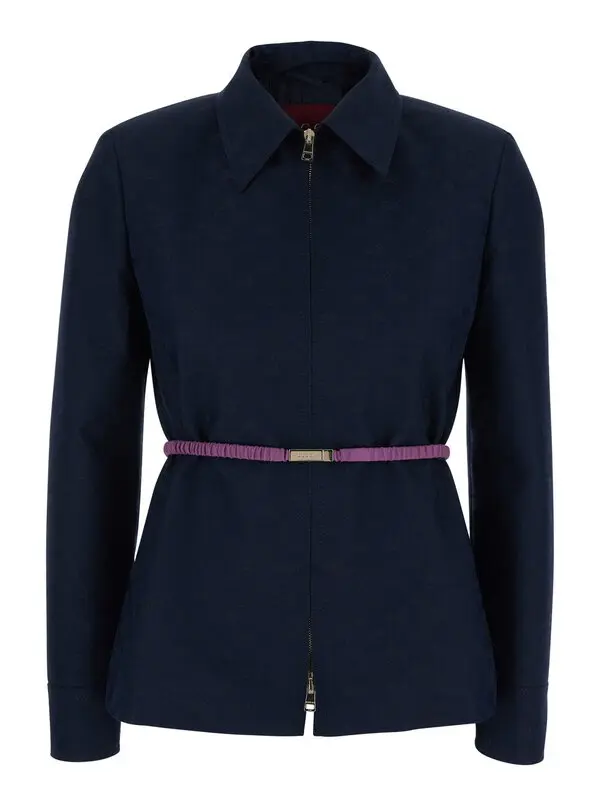 Gucci Blue Jacket With Classic Collar And Removable Belt With Gg Logo Plate For - Multicolor