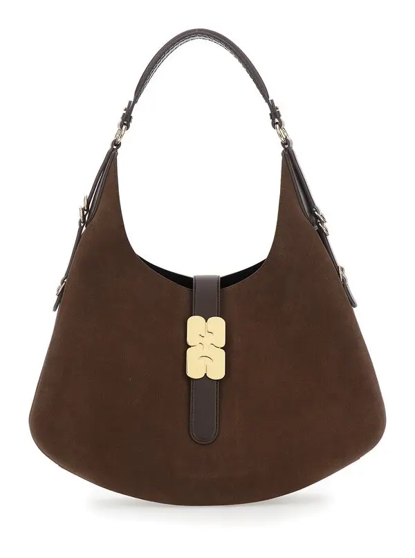 GANNI Kat Large' Brown Shoulder Bag With Butterfly Plaque On Front In Suede - Multicolor