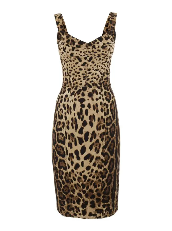 Dolce & Gabbana Brown Midi Dress With Heart Neckline And Leopard Motif On The Front In Stretch Silk Blend For - Multicolor
