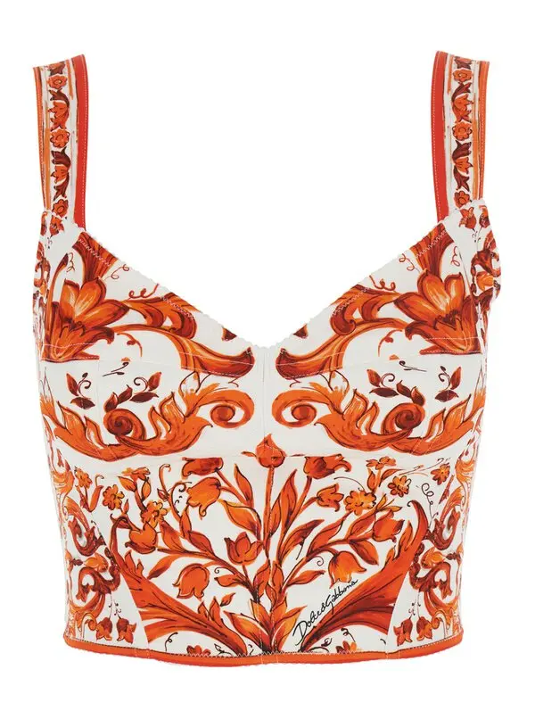 Dolce & Gabbana Orange Top With Bustier Design And All-over Majolica Print In Silk Blend For - Multicolor