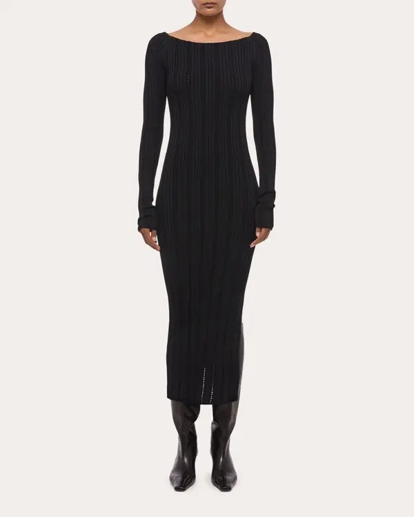 Helmut Lang Wide Rib Knit Boatneck Midi Dress