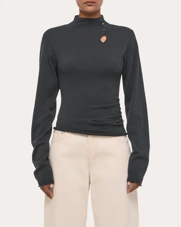 Helmut Lang Wool Long-sleeve Button Mock Neck Top