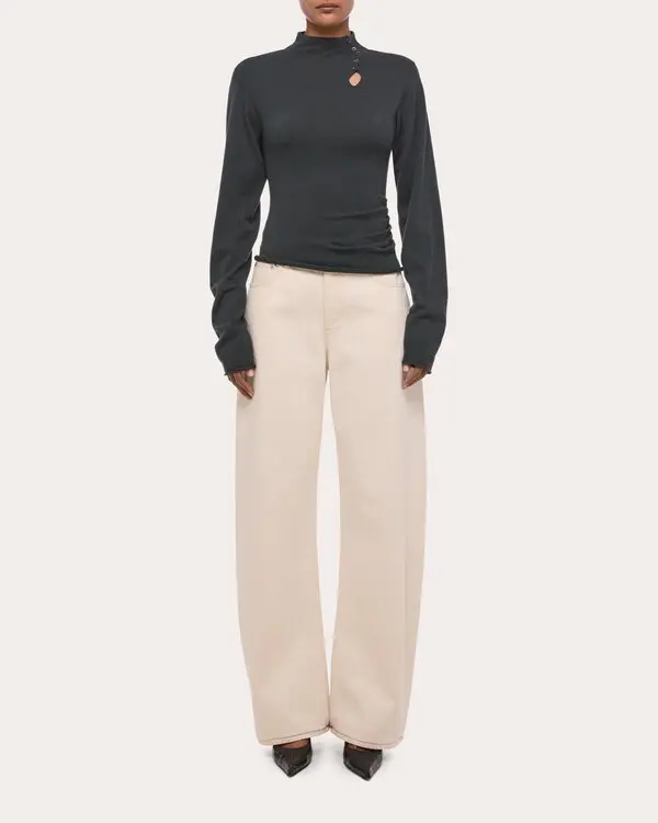 Helmut Lang Wool Long-sleeve Button Mock Neck Top