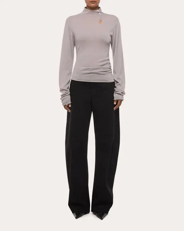 Helmut Lang Wool Long-sleeve Button Mock Neck Top
