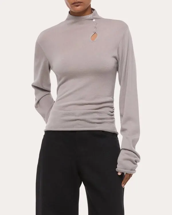 Helmut Lang Wool Long-sleeve Button Mock Neck Top