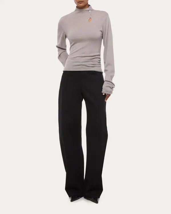 Helmut Lang Wool Long-sleeve Button Mock Neck Top