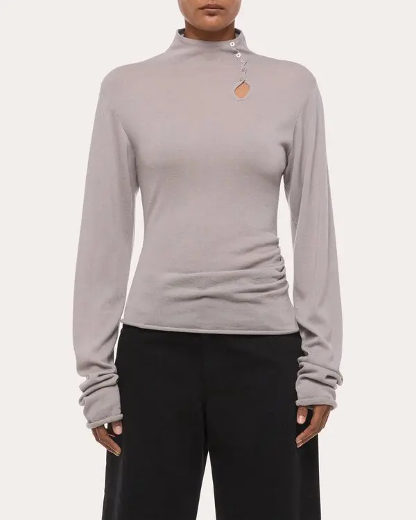 Helmut Lang Wool Long-sleeve Button Mock Neck Top
